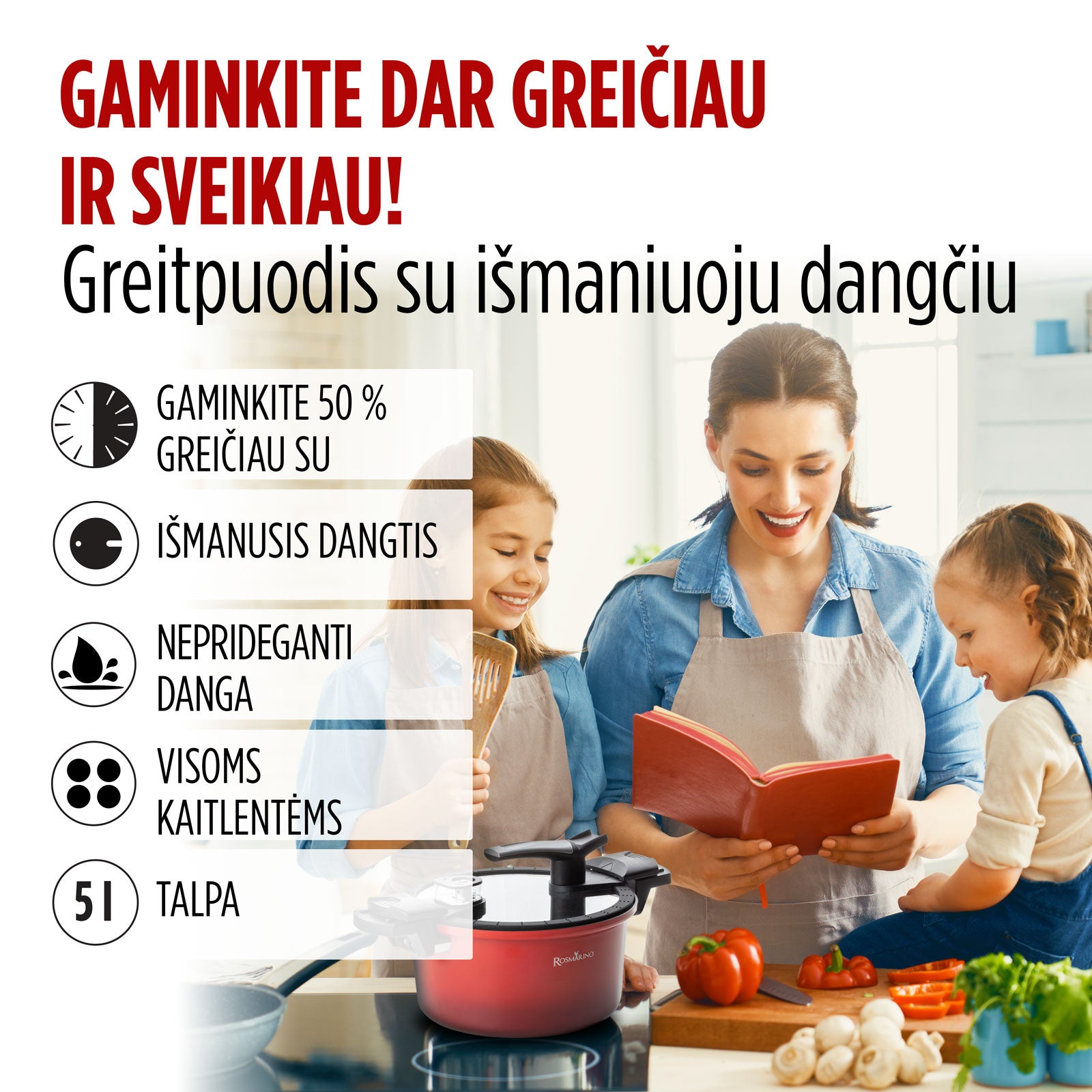 Žemo slėgio greitpuodis su išmaniuoju dangčiu „Rosmarino“, 5 l, 24 cm ...